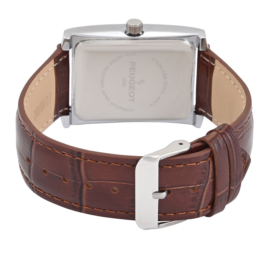 Peugeot Men's Watch Silver Tone Tank Shape with Brown Strap