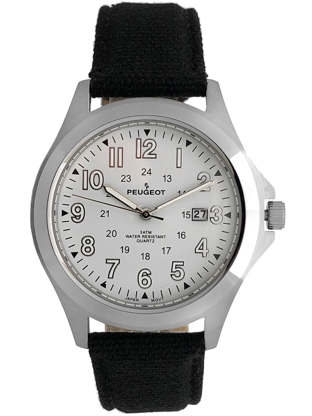 Men's Watch Round Steel Military Watch with White Dial Black Canvas Strap