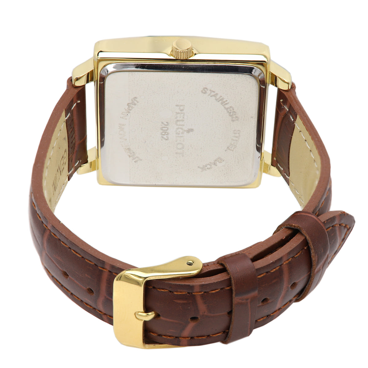 Peugeot Men's Watch Square Gold Watch with Date Brown leather strap
