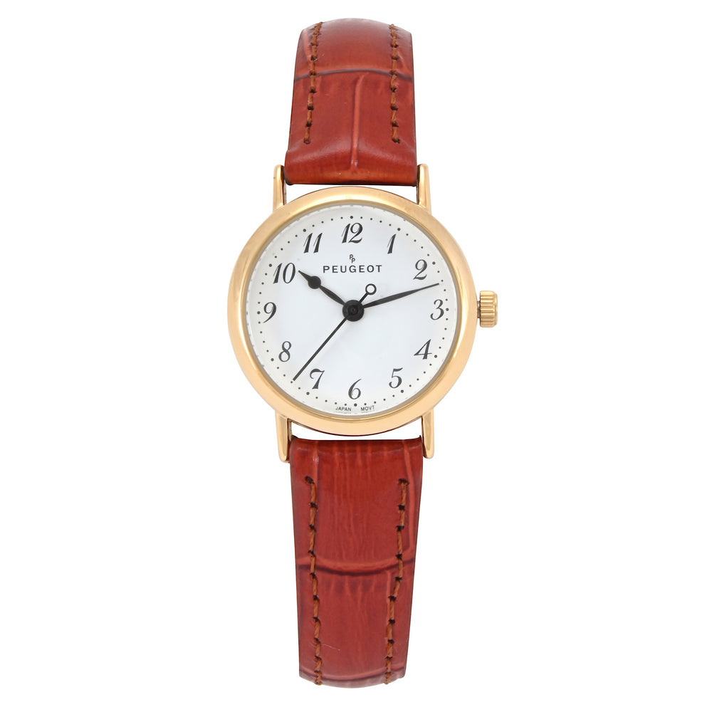 Peugeot Womens Small Face Easy Read Minimalist Brown Leather Strap Watch