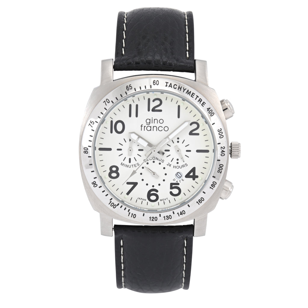 Gino Franco Mens Round 45mm Stainless Steel Chrono Watch with Black Ge