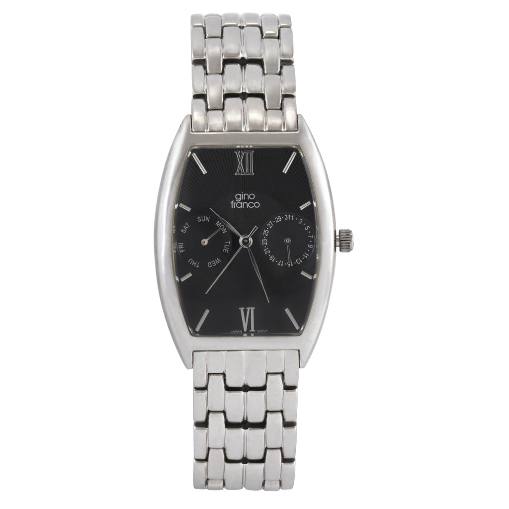Gino Franco Mens Black Sleek Barrel Shaped Stainless Steel Watch with