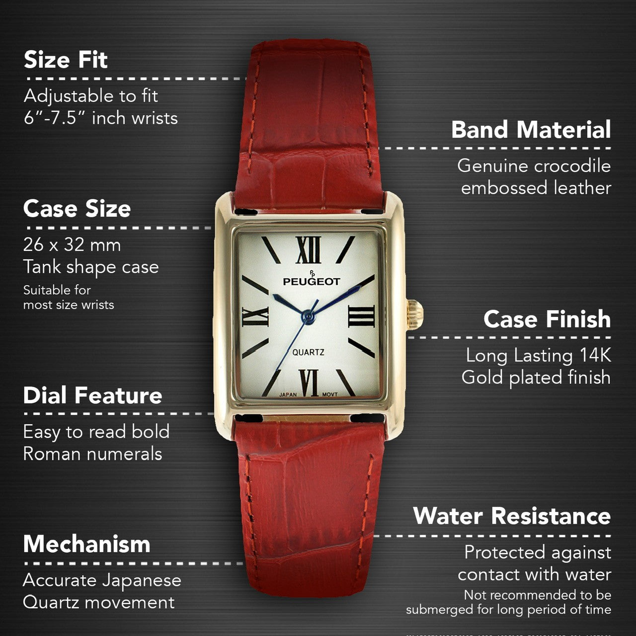 Women Tank Shape Watch With Genuine Leather Strap - Peugeot Watches