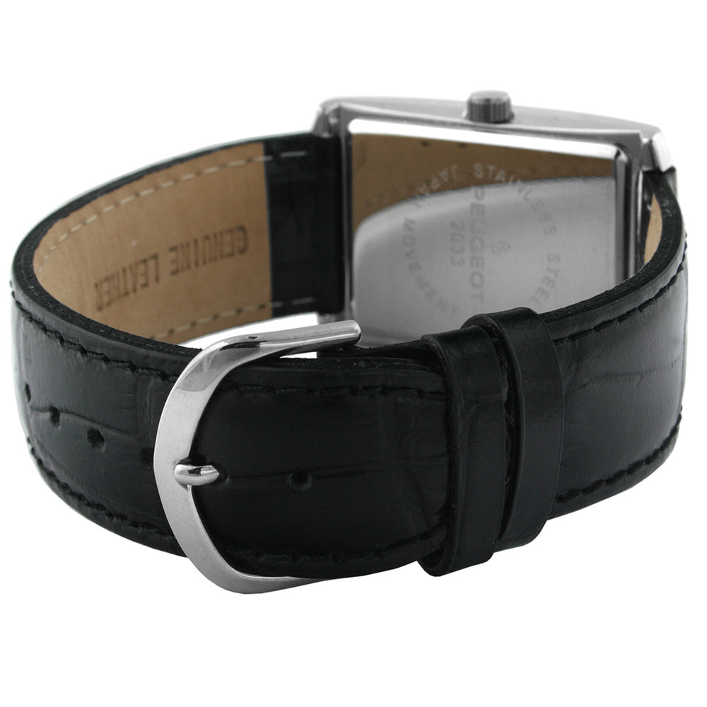 Peugeot Men's Watch Silver Tank Shape with Black Dial and Black Strap