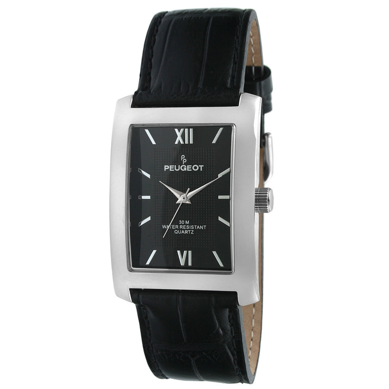 Peugeot Men's Watch Silver Tank Shape with Black Dial and Black Strap