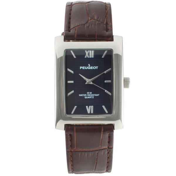 Peugeot Men's Watch Silver Tank Shape with Blue Dial and Brown Leather ...