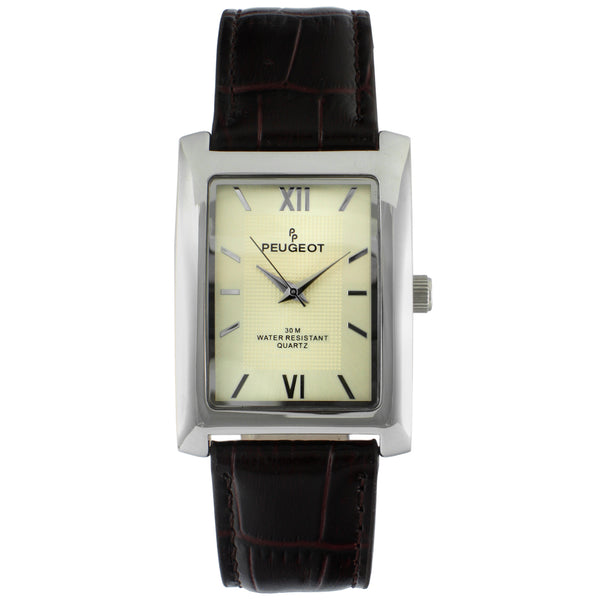 Peugeot Men's Watch Silver Tone Tank Shape with Brown Strap - Peugeot ...