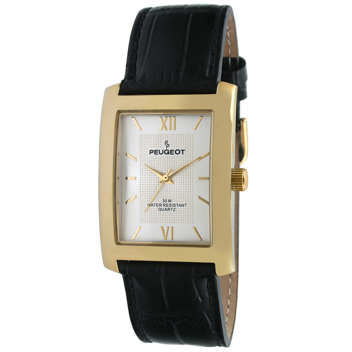 Peugeot Men's Watch Gold Tank Shape with SIlver DIal and Black Strap ...