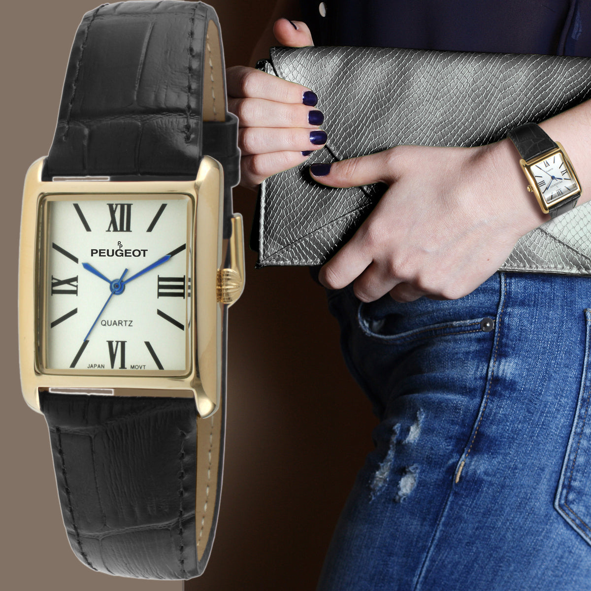 Women Tank Shape Watch With Genuine Leather Strap - Peugeot Watches