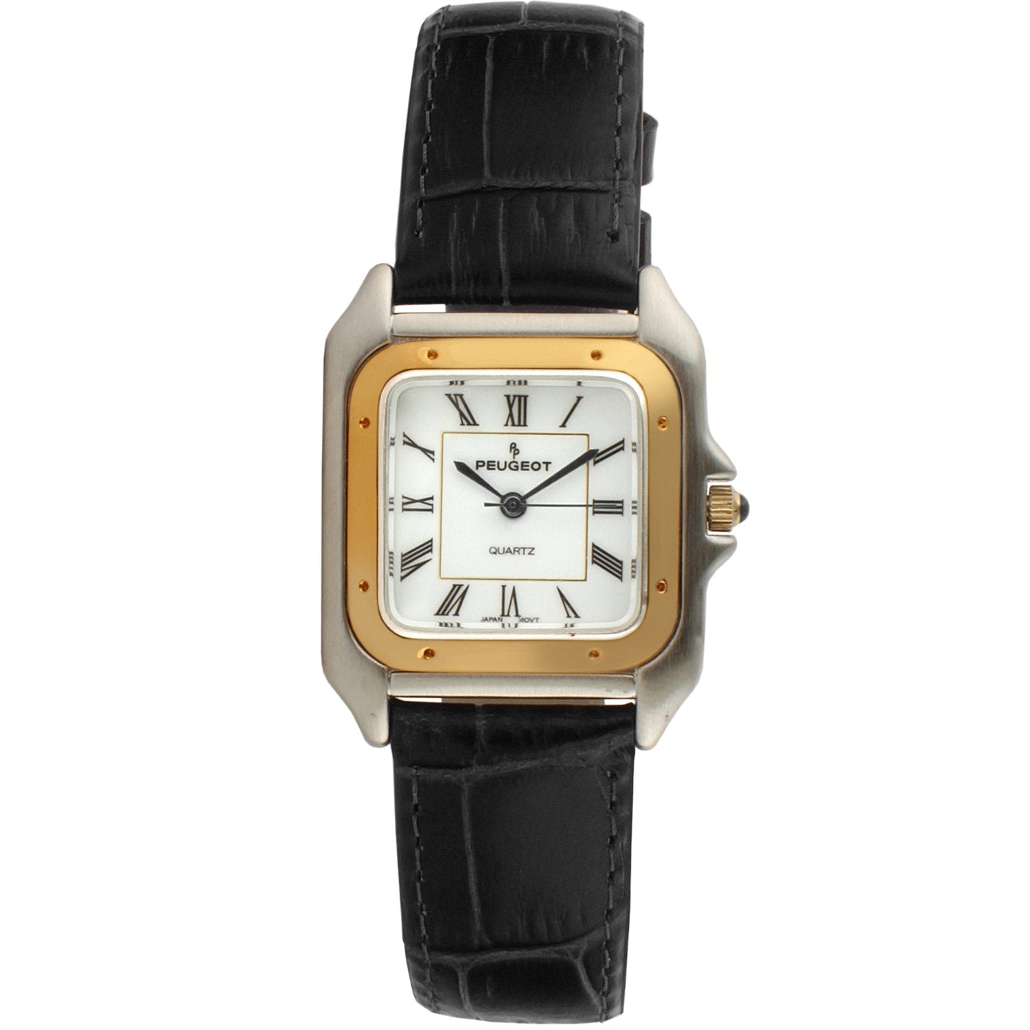 Peugeot Women Watch Two-Tone Square Tank Shape W/ Black Leather Strap ...