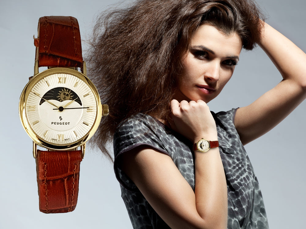 Women's 26mm Sun-Moon Phase Gold Watch with Brown Leather Strap ...