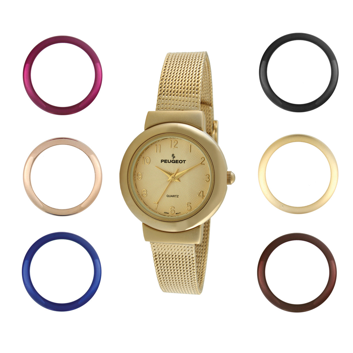 Women Gold Mesh Watch Gift Set with 7 Changeable Bezels - Peugeot Watches