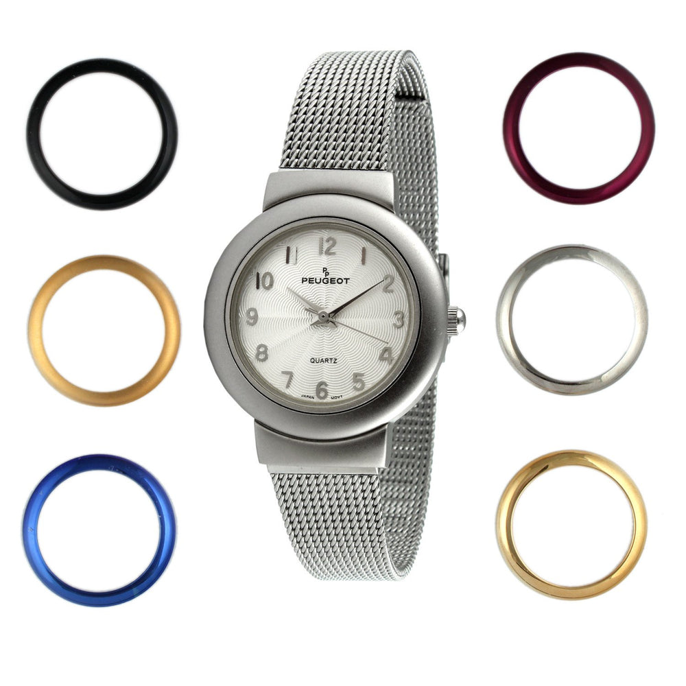 Women Silver Mesh Watch Gift Set with 7 Changeable Bezels - Peugeot Watches