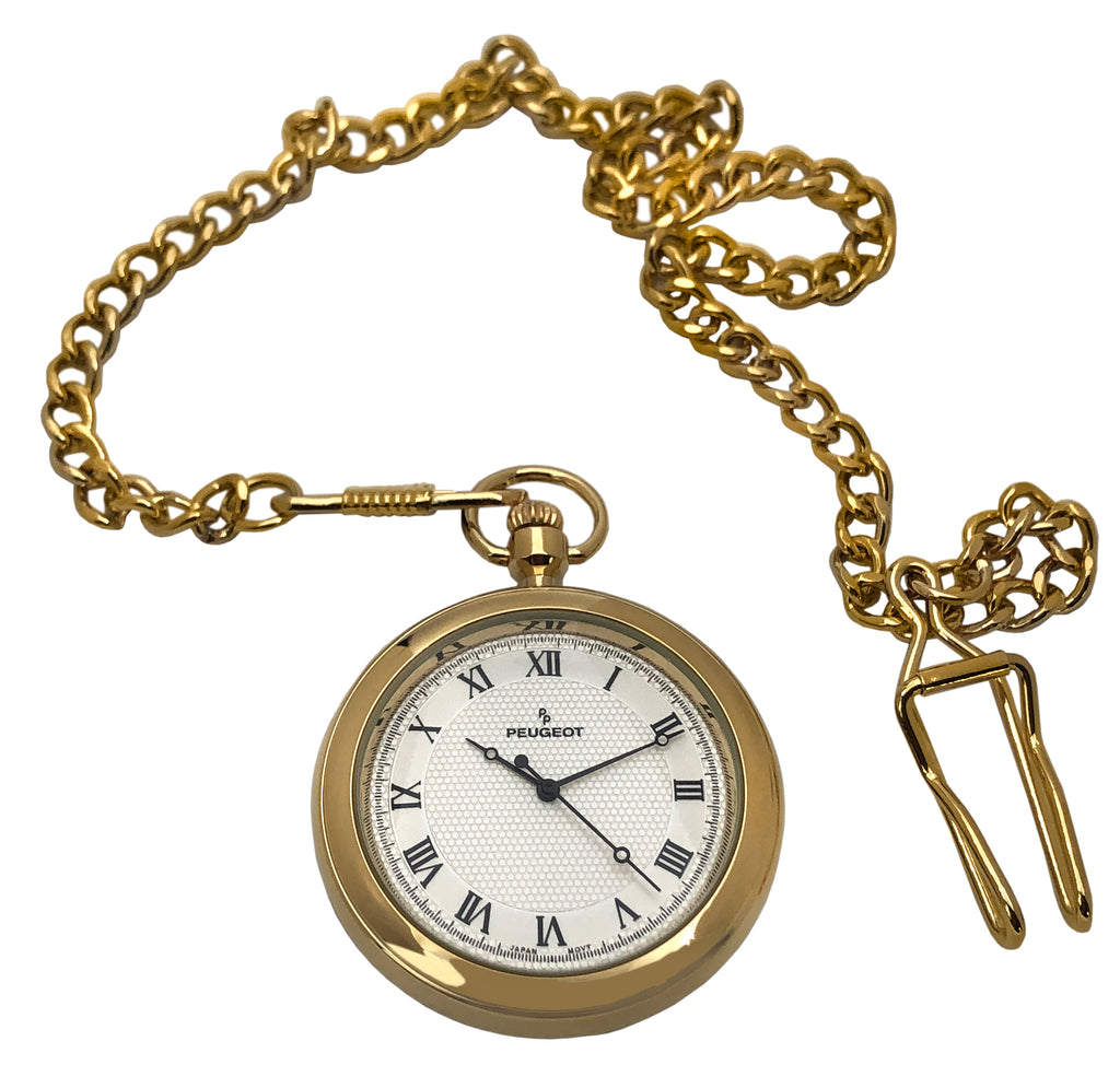 Pocket Watch with Chain - Peugeot Men's 14K Gold Plated Classic